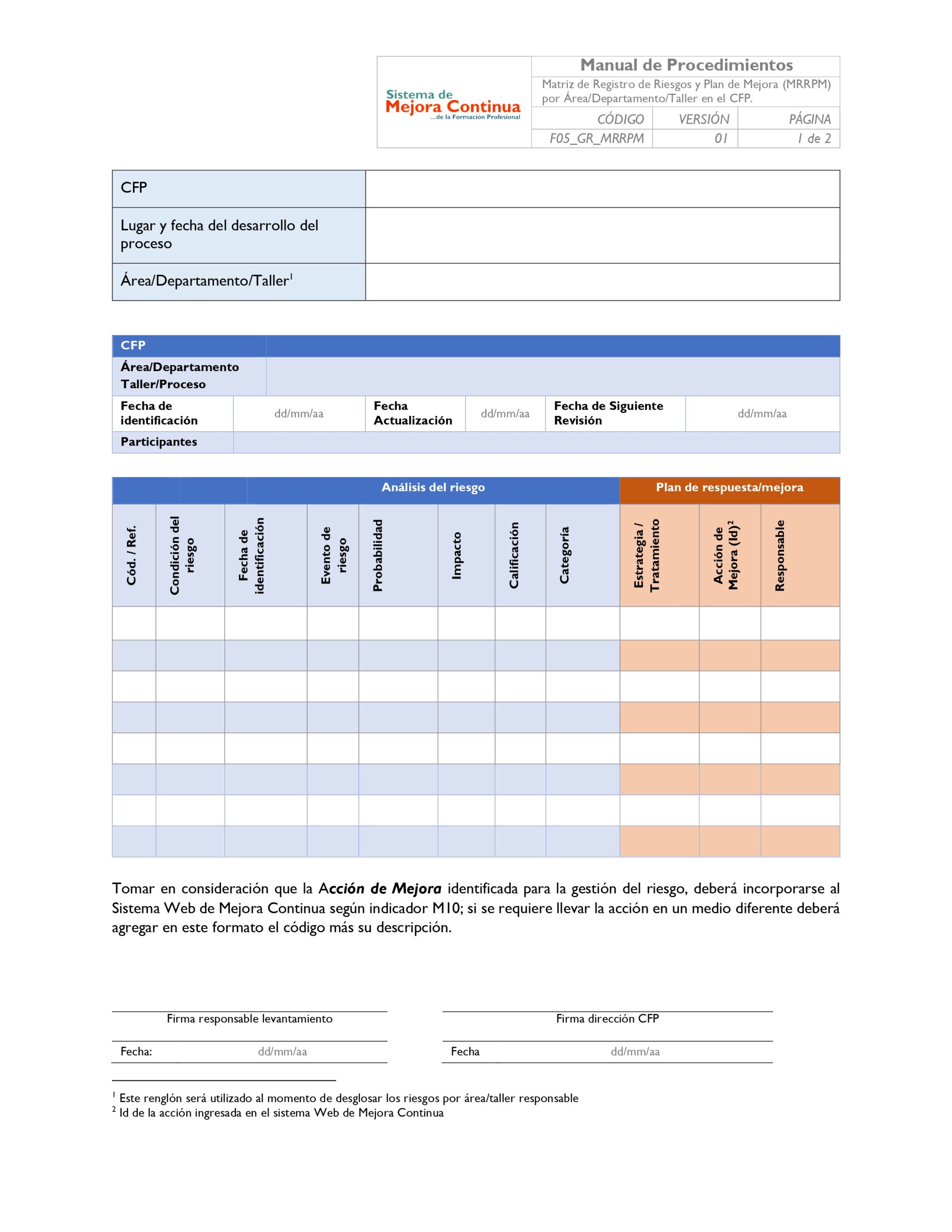 F05 GR MRRPM Registro de Riesgo Plan de Mejora - Portal EFTP